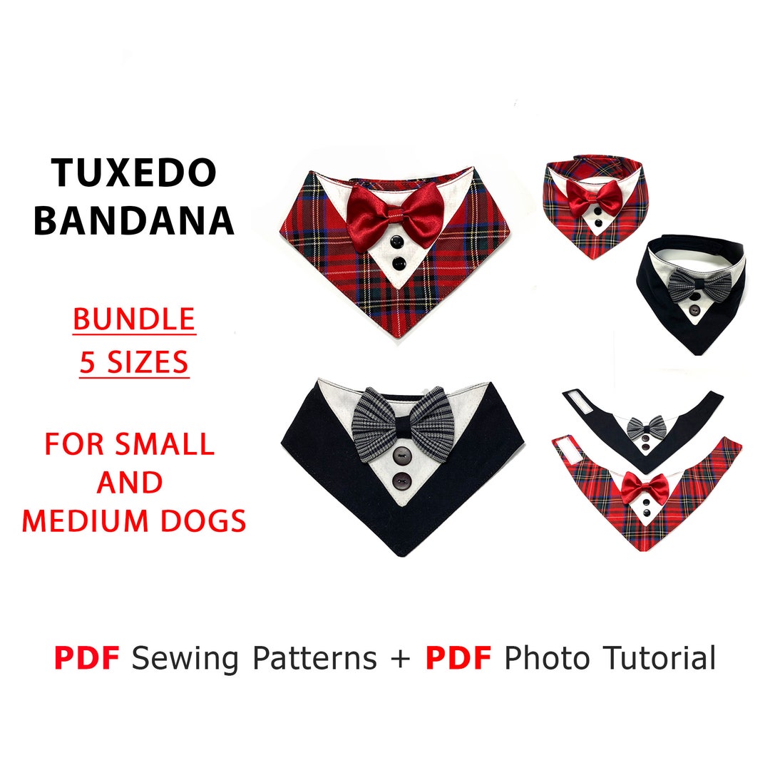 PDF sewing pattern and tutorial for print Dog Tuxedo bandana 5 sizes for small and medium dogs ...