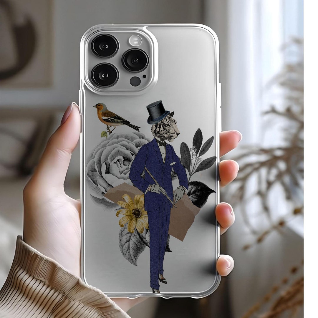 Clear Abstract Tiger Gentlemen Art Phone Case for iPhone 16, 15 ...