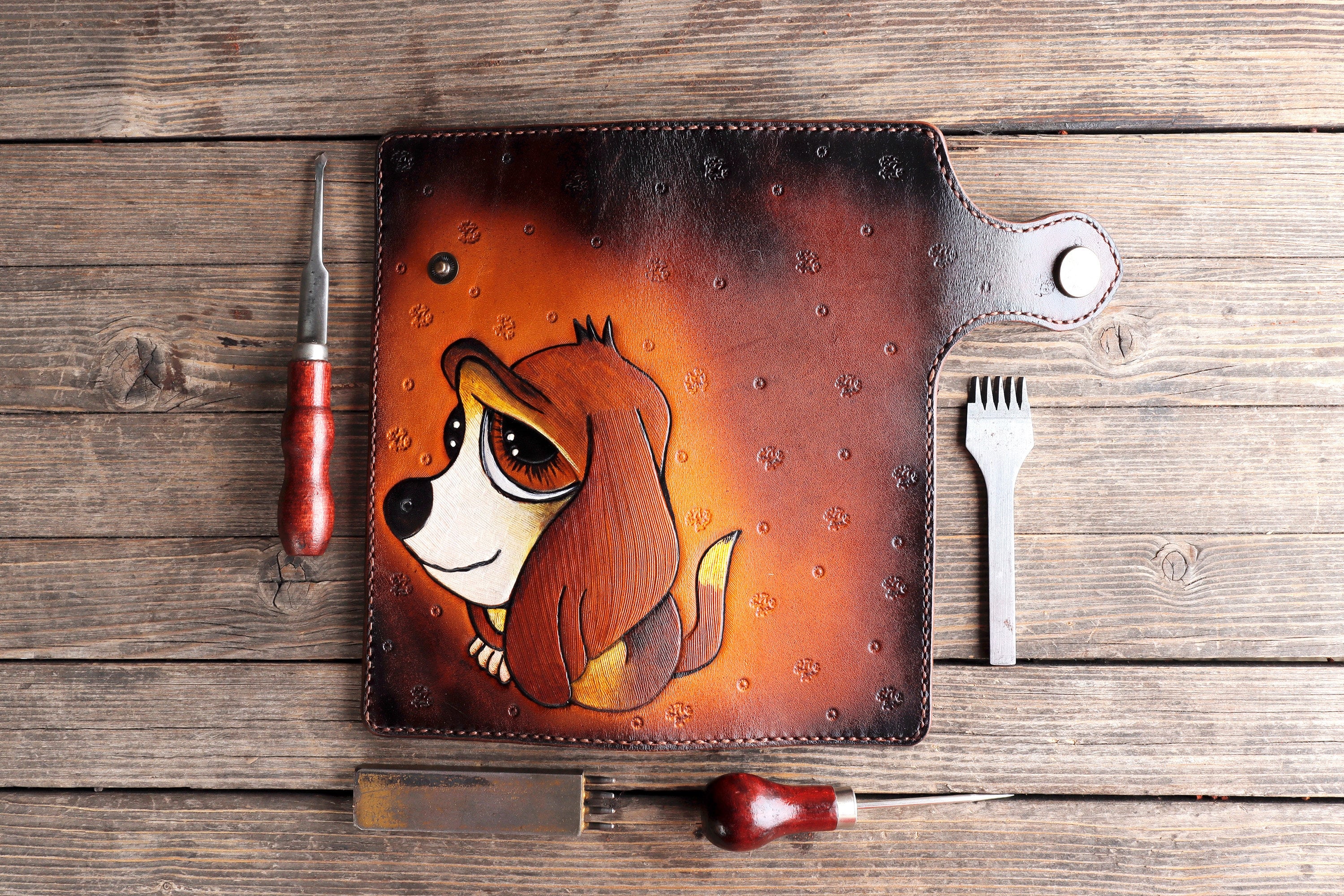 Handmade Carved Dog Remembrance Leather Wallet, Custom Pet Memorial ...