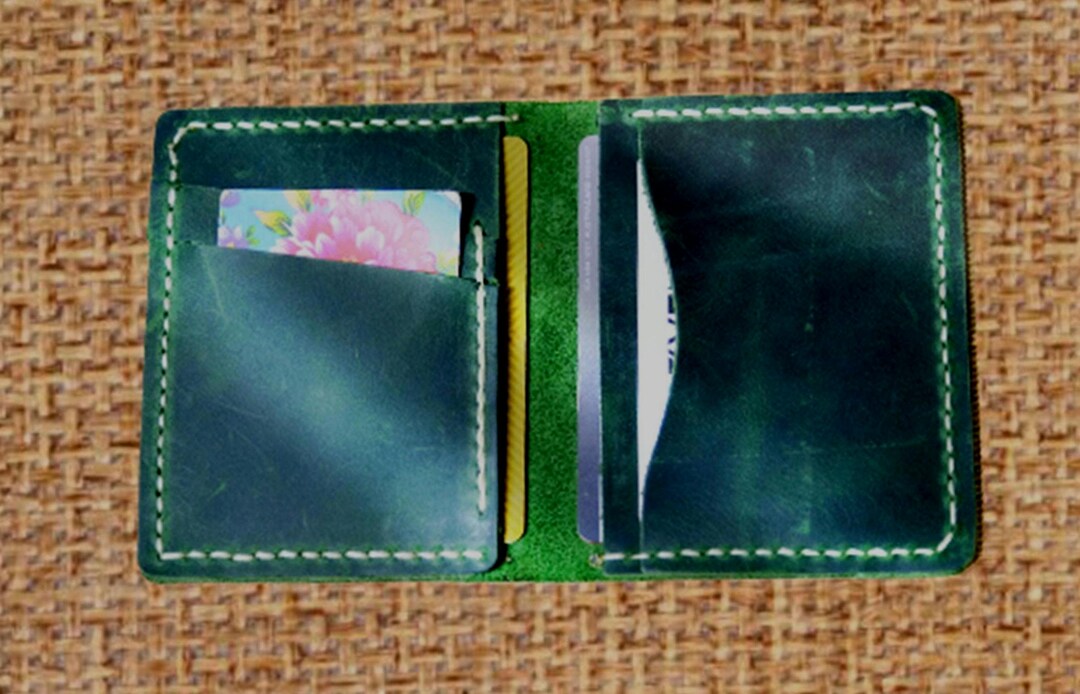 Green Bifold Wallet, Handcrafted Leather Wallet, Card Holder, Hand ...