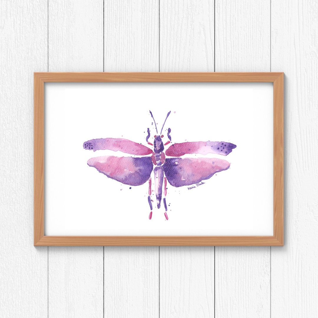 Purple and Pink Grasshopper Art, Dragonfly Print, Hand Painted ...