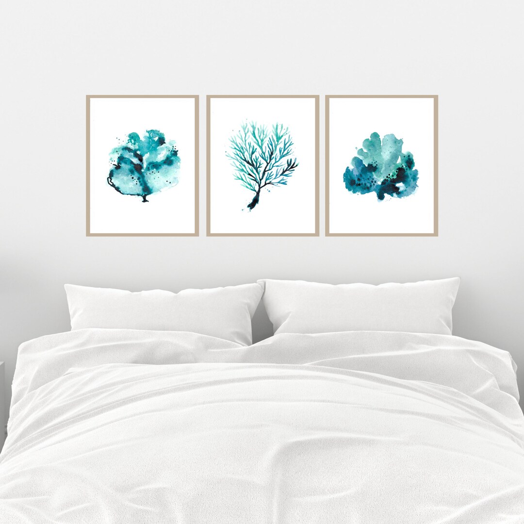 Set of 3 Teal Coral Prints, Ocean Wall Art, Sea Fan Coral, Watercolour ...