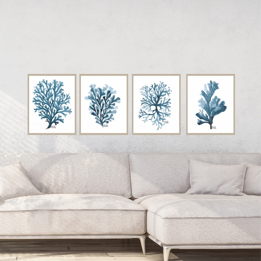 Blue Coral Set of 4 Watercolor Prints, Ocean Wall Art, Beach Wall Decor ...