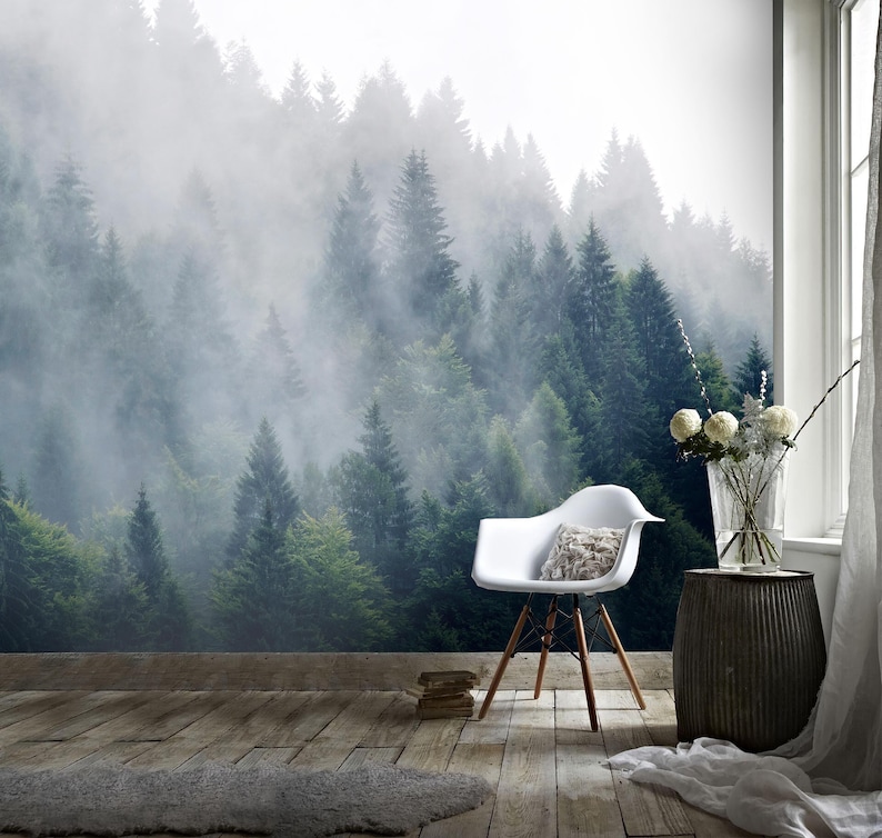3D Pine Forest Wallpaper Mural, Misty Mountain Scenery, Peel and Stick ...
