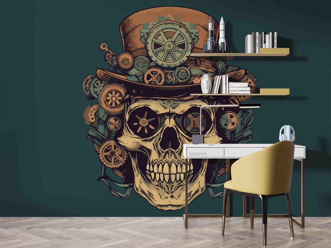 Steampunk Wall Mural – Mechanical Skull Illustration, Peel and Stick ...