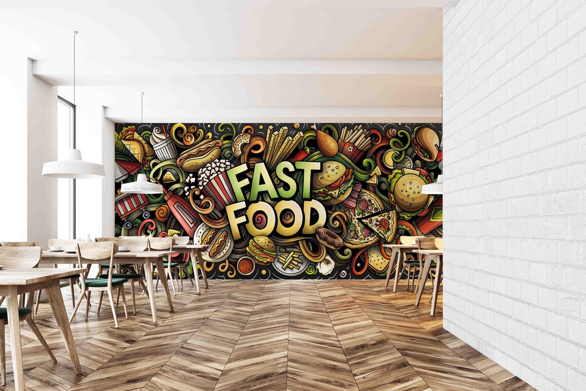 3D Fast Food Wallpaper Mural, Restaurant Decor, Peel and Stick - Etsy