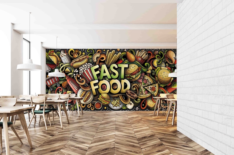 3D Fast Food Wallpaper Mural, Restaurant Decor, Peel and Stick - Etsy