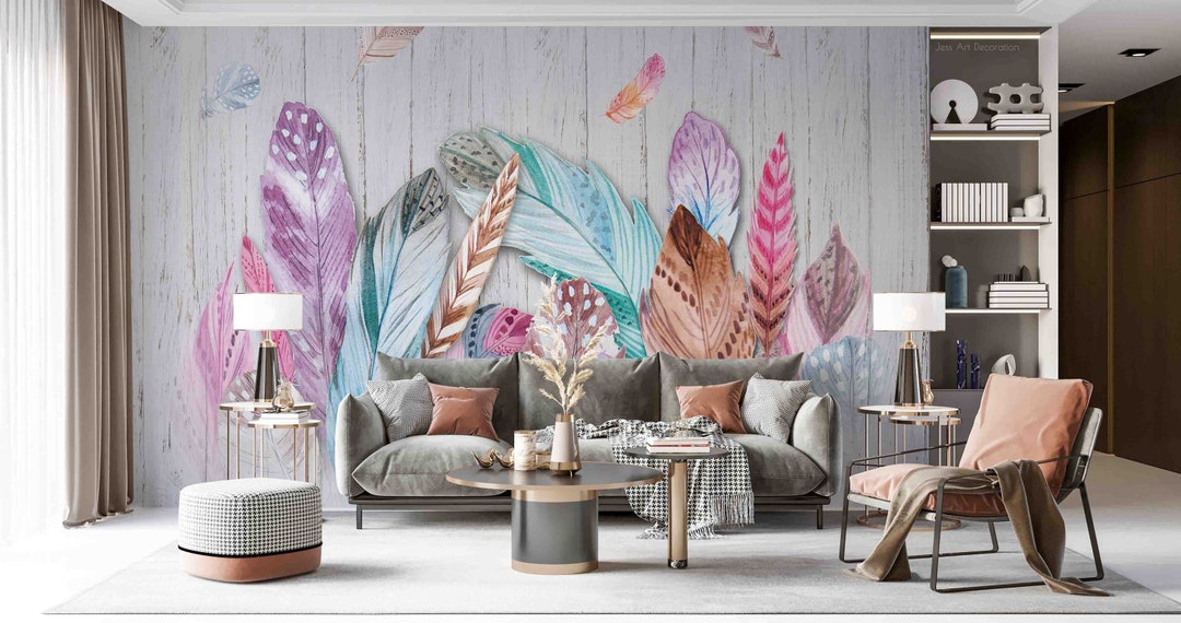 Feder-Tapete, bunte Holzbrett-Beschaffenheit, entfernbares Wandbild ...
