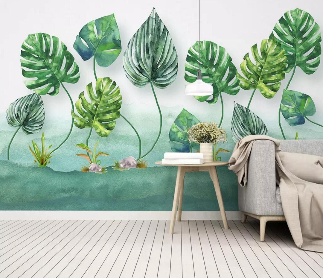 3D Leaf Wallpaper, Green Wall Mural, Tropical Wall Decor, Watercolor ...