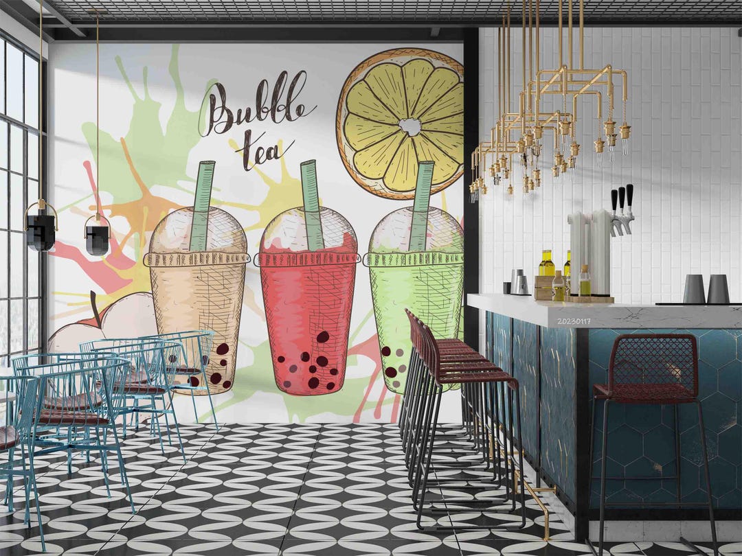 Bubble Tea Shop Wall Mural – Hand Drawn 3D Peel and Stick Wallpaper - Etsy