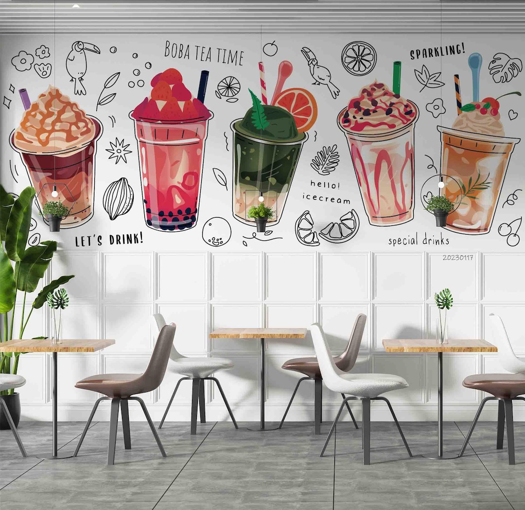 Boba Tea Shop Wall Mural – Hand Drawn Milk Tea Wallpaper - Etsy
