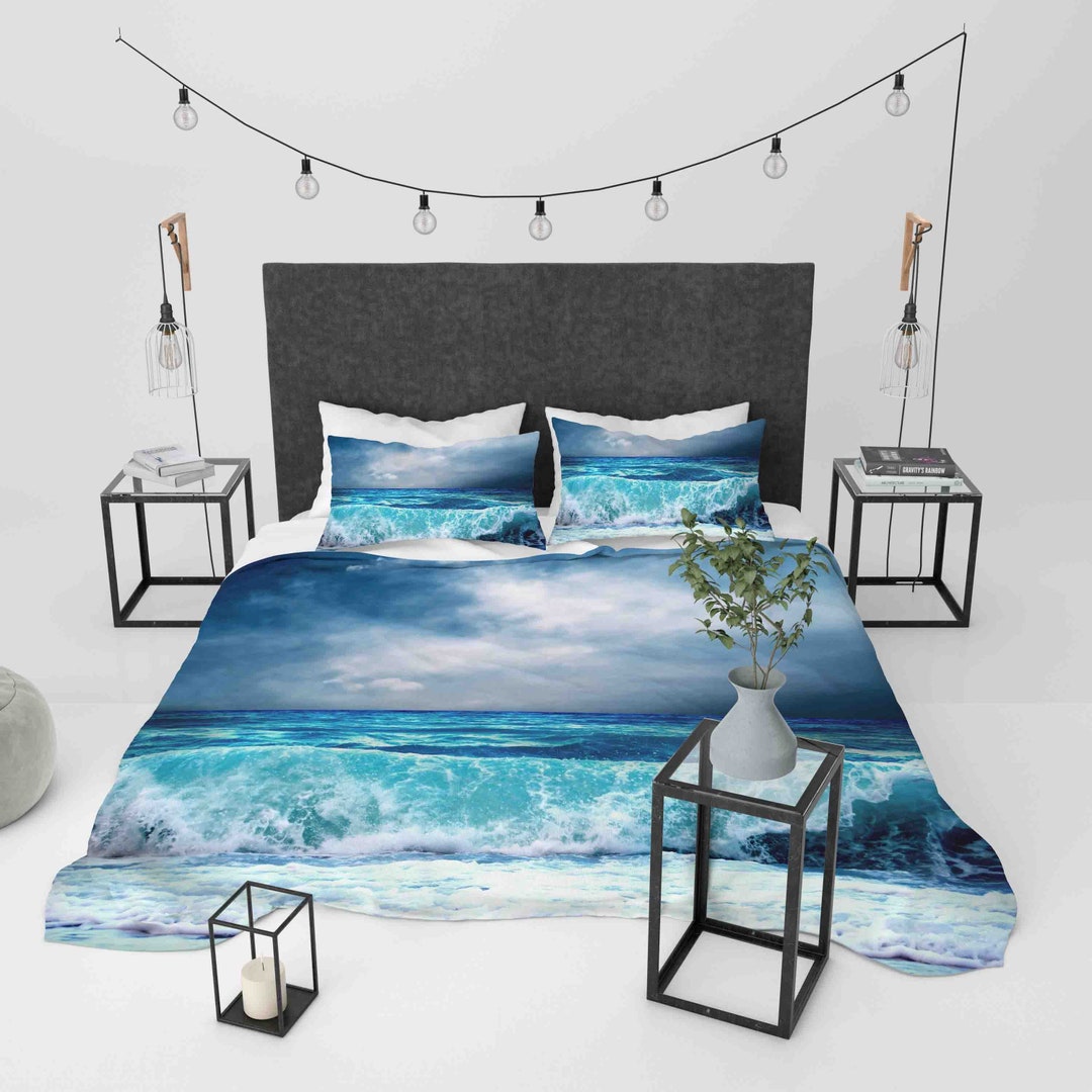Blue Ocean Waves Bedding Set, Personalized Duvet Cover, Coastal Quilt ...
