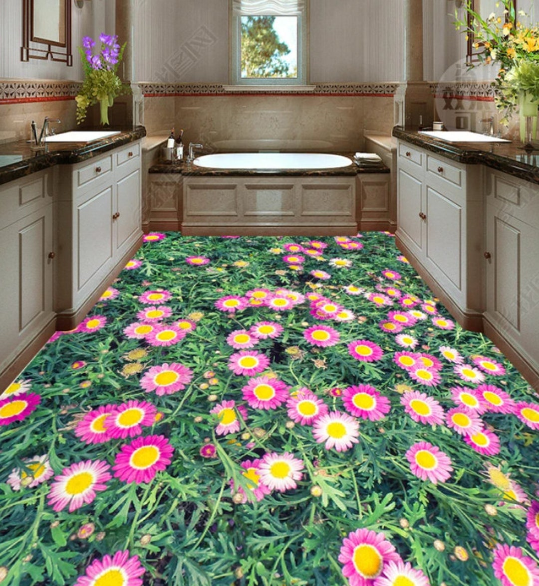 3D Pink Floral Daisy, Vinyl Floor Mural, Self-adhesive Vinyl, Floor Art ...