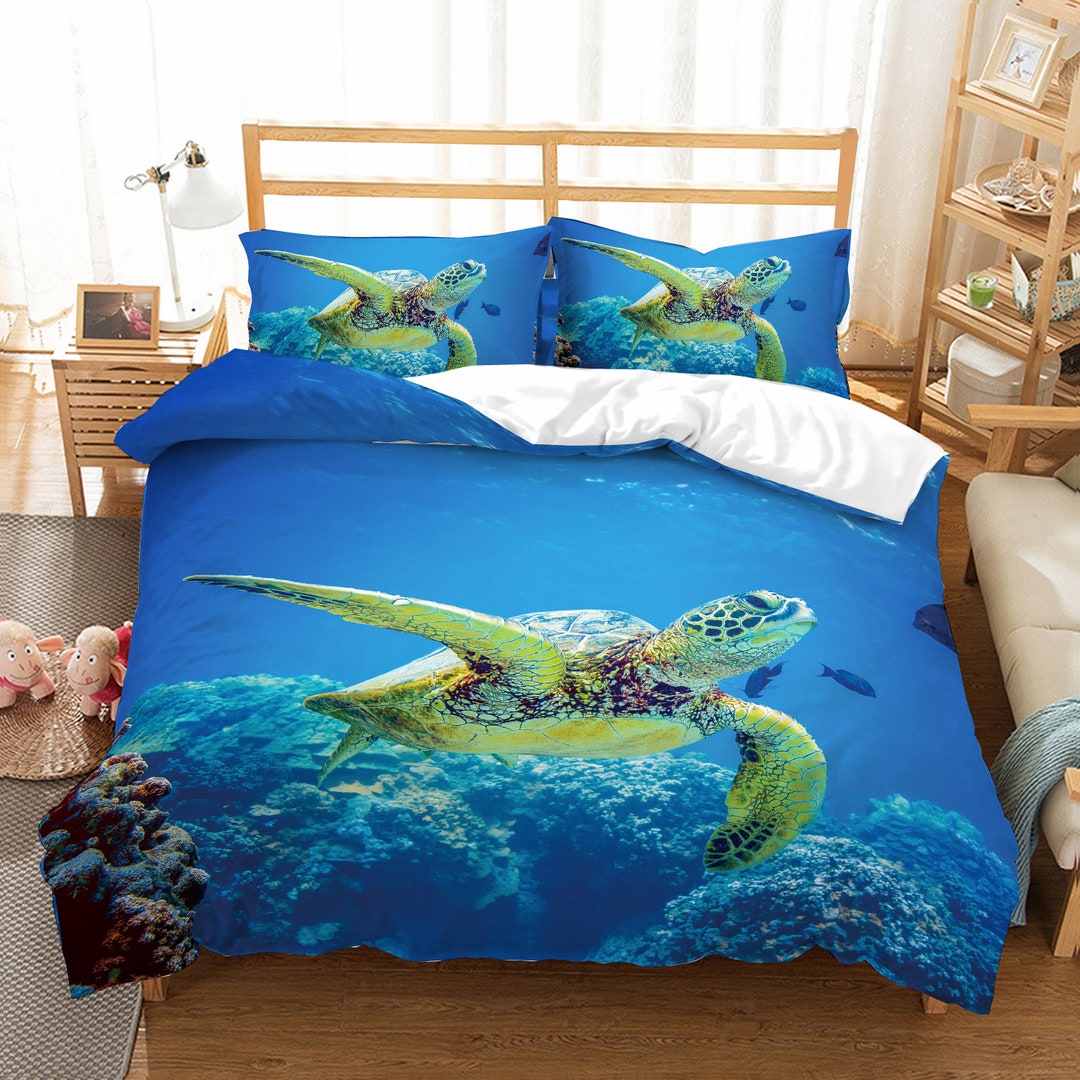 3D Turtle Duvet Covers Set, Undersea Quilt Cover, Sea Bedding Set, Blue ...