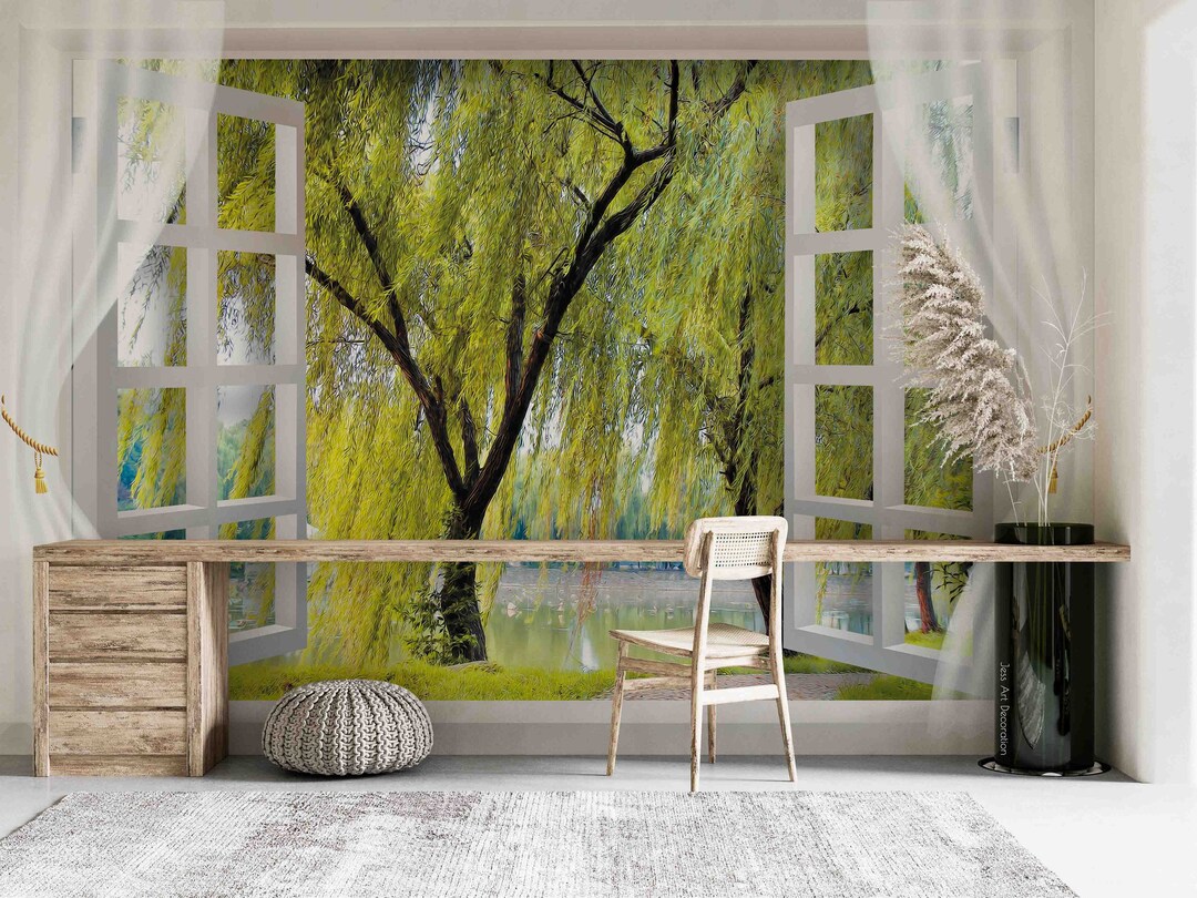 Willow Tree Window View Wallpaper, Peel and Stick Wall Mural - Etsy