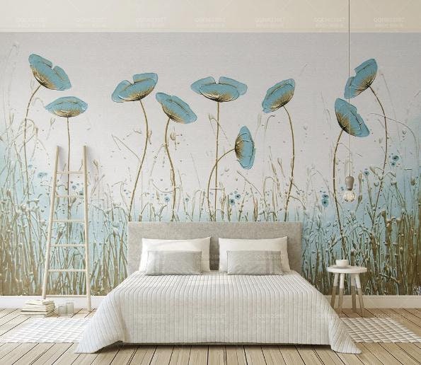 3D Poppy Wallpaper Floral Wall Mural Blue Wall Decor Oil - Etsy