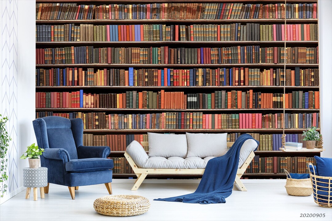 3D Bookshelf Books Brown Retro Wallpaper Removable Wallpaper-peel and ...