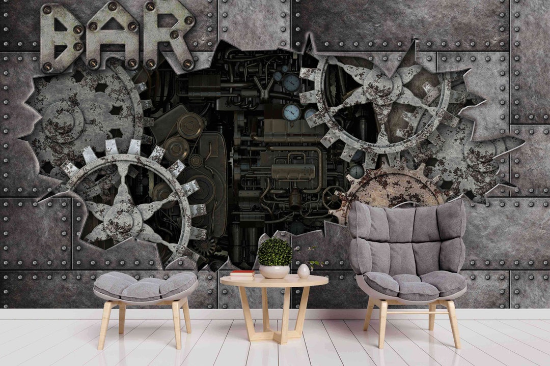 3D Gear Wallpaper, Metal Wall Mural, Mechanical Wall Decor, Old Wall ...