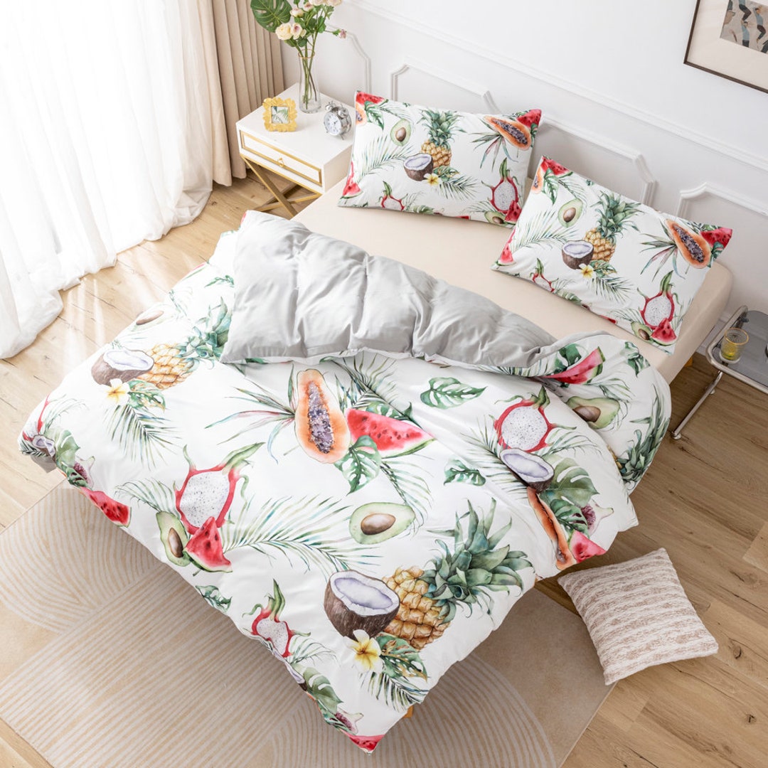 3D Fruit Duvet Cover Set, Watercolor Floral Leaves Bedding - Etsy