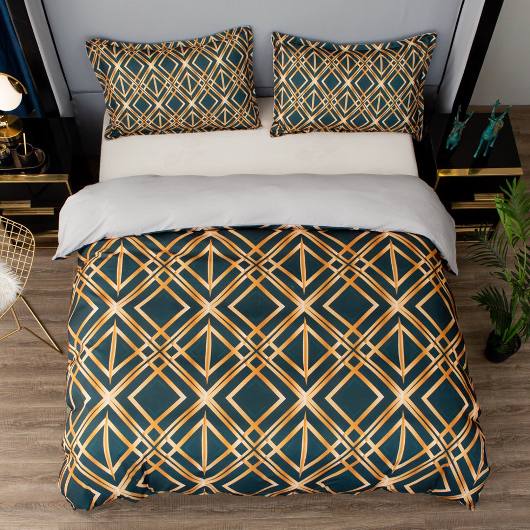 3D Geometric Duvet Covers Set, Gold Quilt Cover, Stripe Bedding Set ...