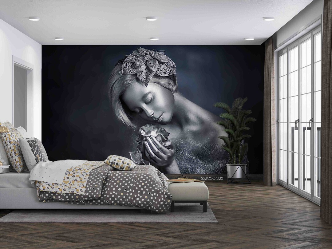 Silver Retro Woman Portrait Wallpaper, Peel and Stick Wall Mural - Etsy