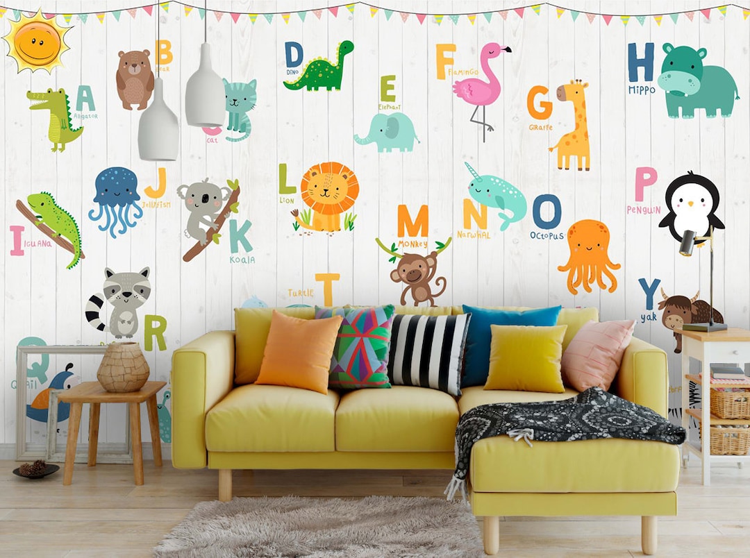3D Animal Wallpaper, Alphabet Wall Mural, Cartoon Wall Decor, Kids Wall ...