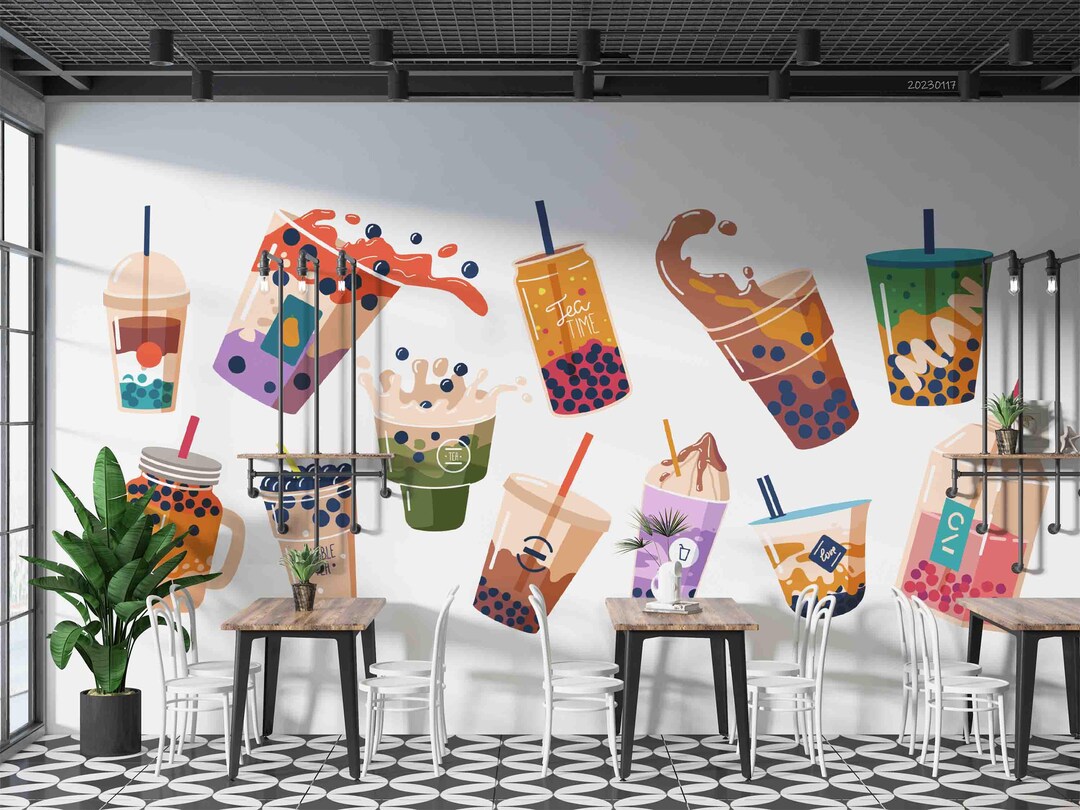 Bubble Tea Shop Wall Mural – Hand Drawn 3D Wallpaper, Peel and Stick - Etsy