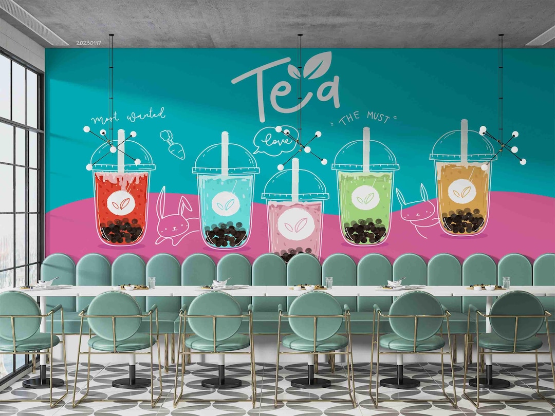 Bubble Tea Shop Wall Mural – Hand Drawn 3D Wallpaper, Peel and Stick - Etsy