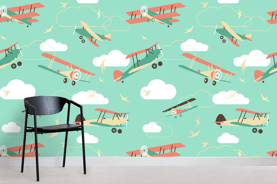 3D Airplane Wallpaper, Cloud Wall Mural, Cartoon Wall Decor, Kids Wall ...