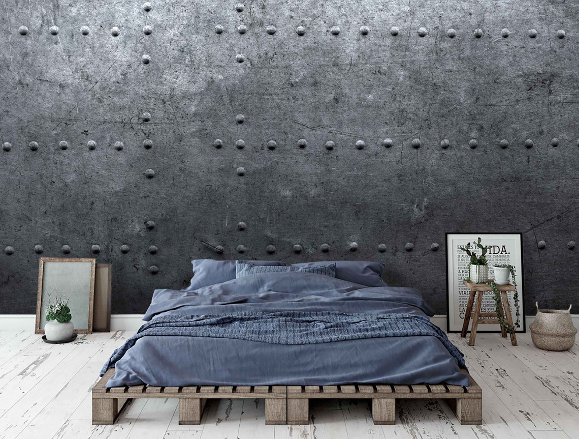 3D Riveted Metal Texture Wallpaper, Industrial Dark Wall Mural, Peel ...