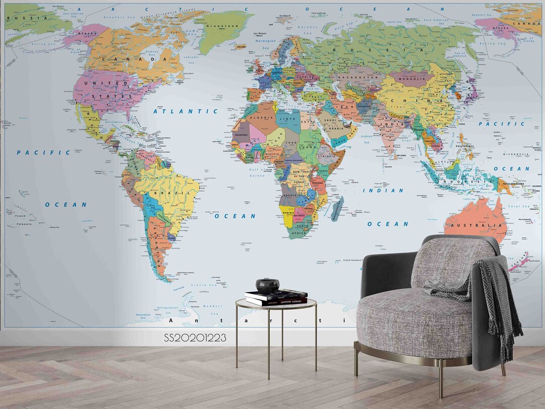3D World Map Multicolor Wallpaper Removable Wallpaper-peel and Stick ...