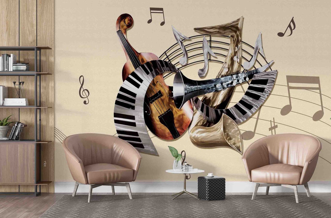 Musical Instruments 3D Wallpaper Mural, Piano, Saxophone, Peel and ...