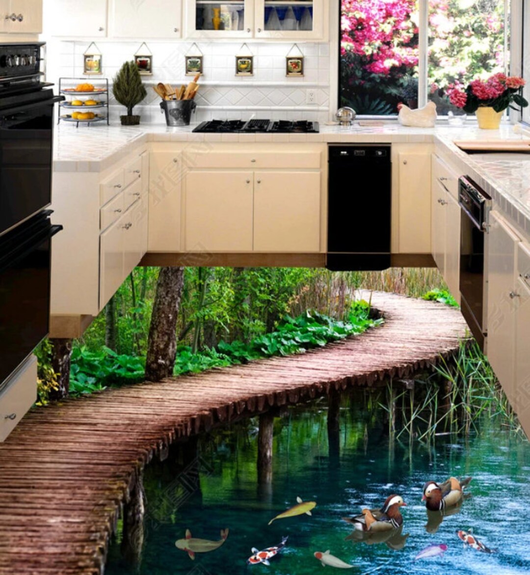3D Foest Boardwalk Lake Fish, Vinyl Floor Mural, Self-adhesive Vinyl ...
