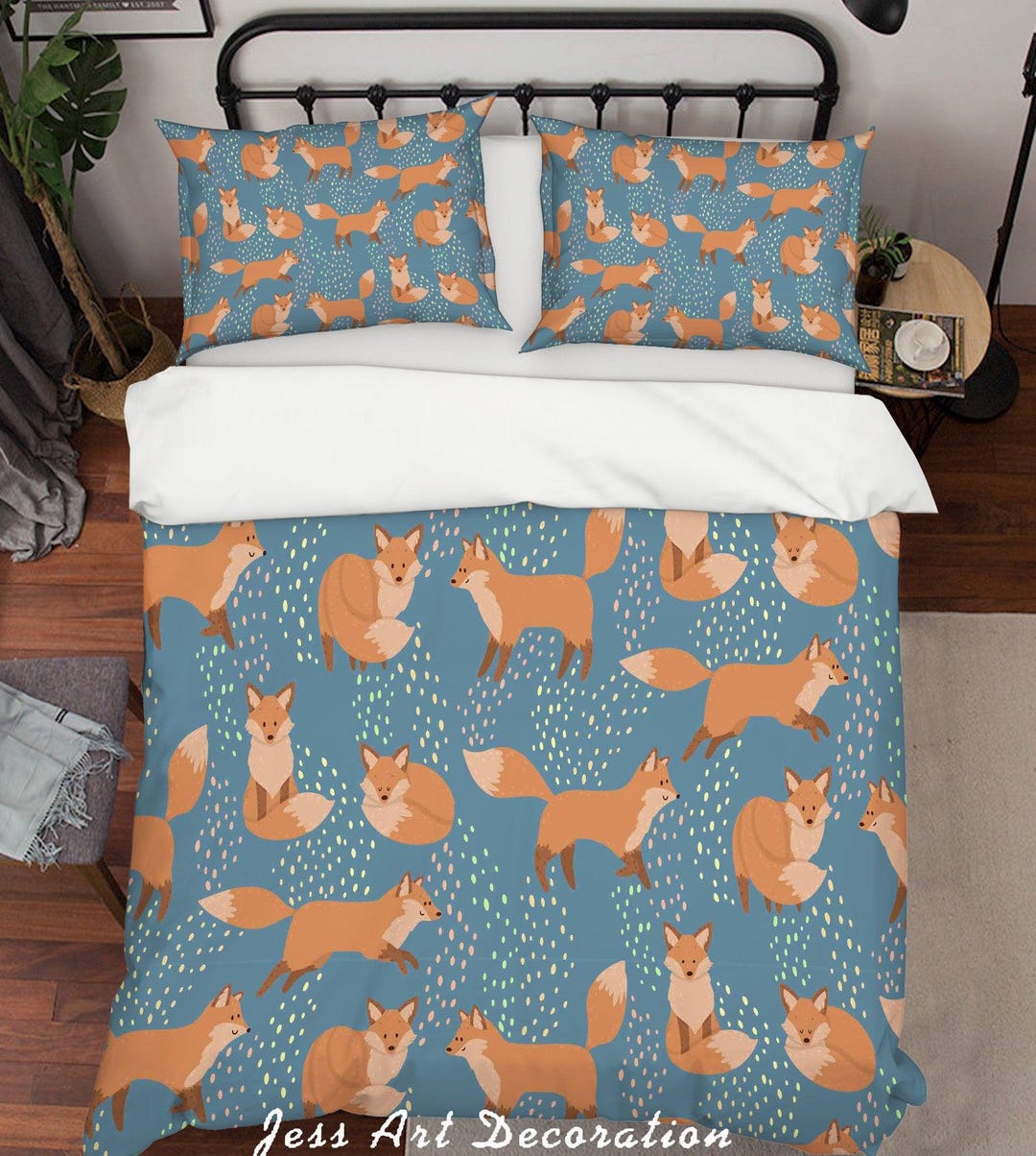 3D Cartoon Duvet Covers Set, Fox Quilt Cover, Pattern Bedding Set, Blue ...