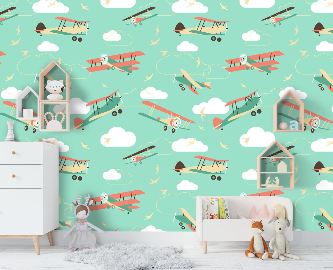 3D Airplane Wallpaper, Cloud Wall Mural, Kids Room Decor (peel and ...
