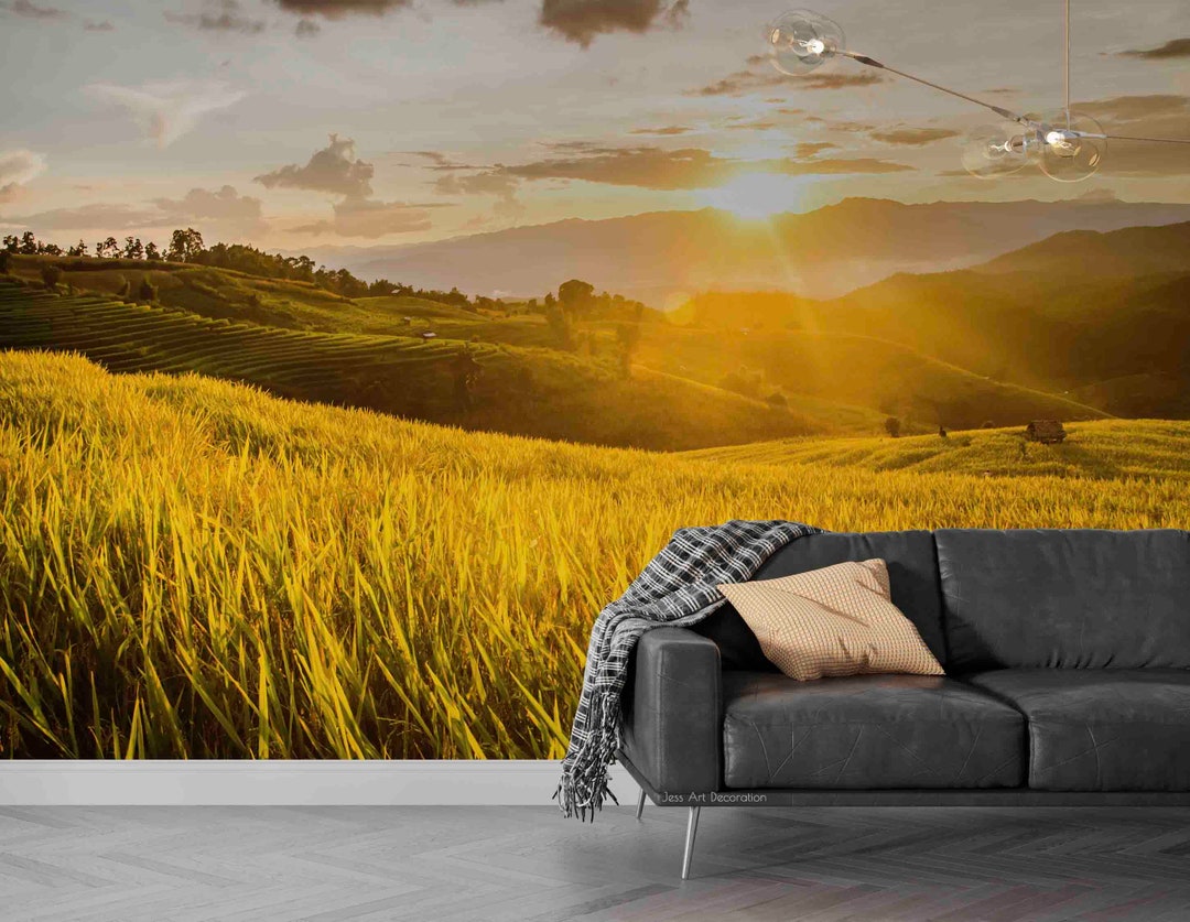 3D Mountian Wallpaper, Sunrise Wall Mural, Wheat Field Wall Decor ...