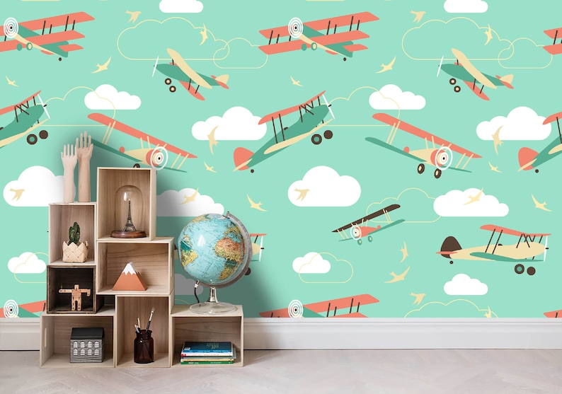 3D Airplane Wallpaper, Cloud Wall Mural, Kids Room Decor (peel and ...