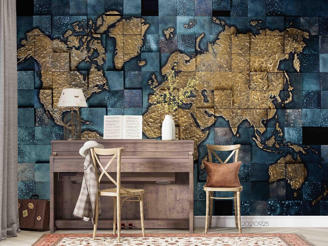 Retro Blue & Gold World Map Wallpaper Mural – Peel and Stick - Etsy
