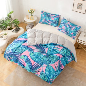 3D Leaves Duvet Covers Set, Blue Quilt Cover, Tropical Bedding Set ...