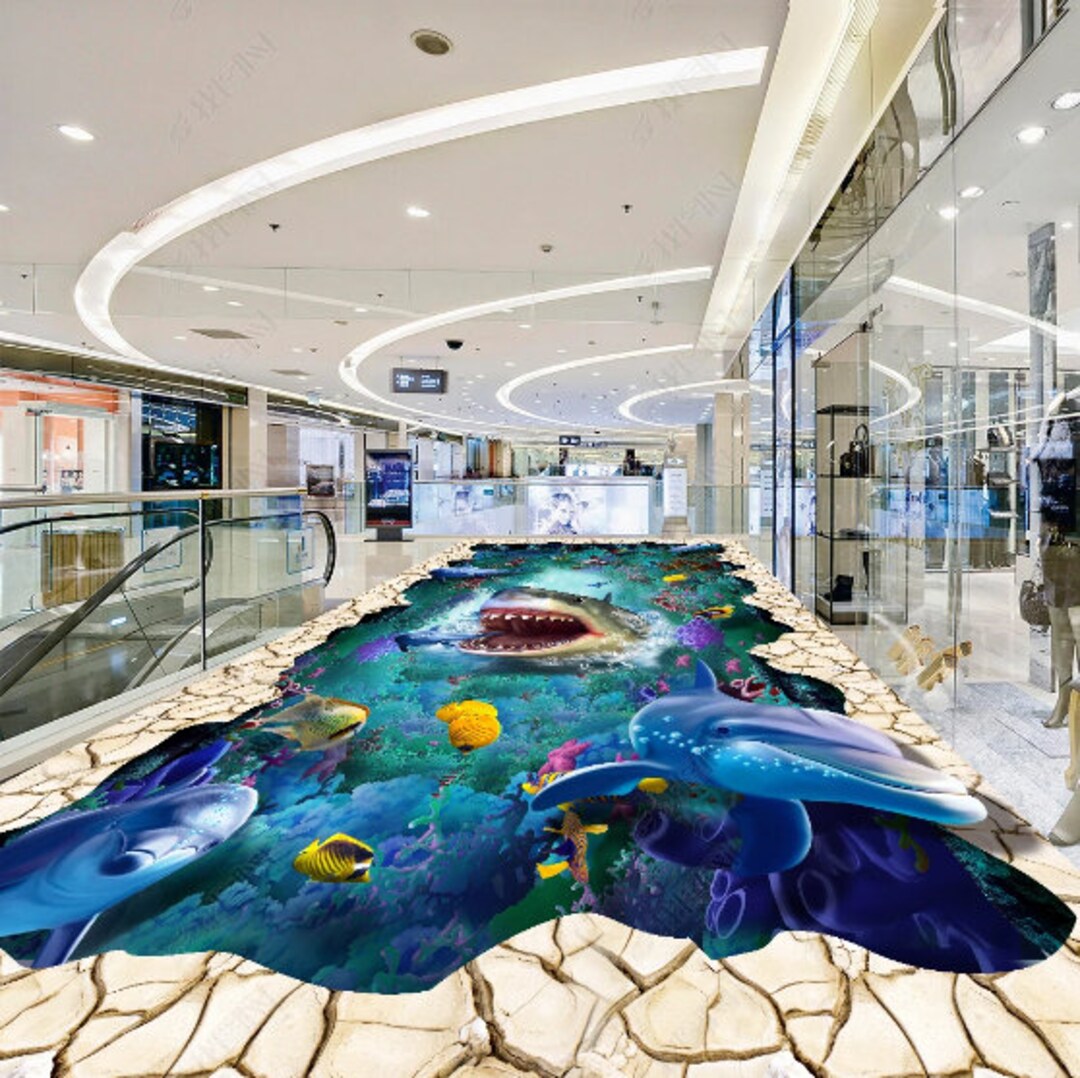 3D Undersea World Dolphin Shark, Vinyl Floor Mural, Self-adhesive Vinyl ...