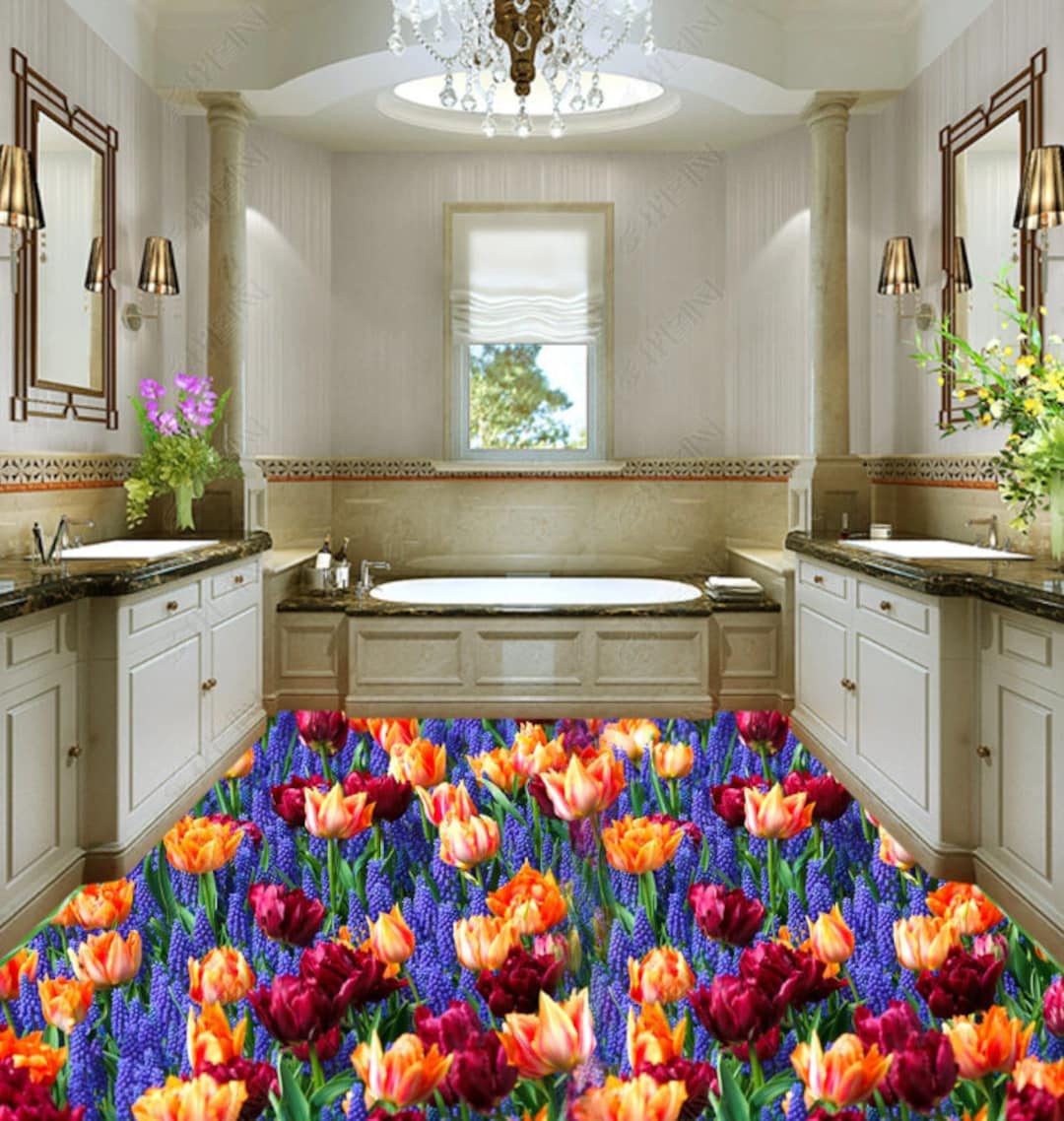 3D Colorful Floral, Vinyl Floor Mural, Self-adhesive Vinyl, Floor Art ...