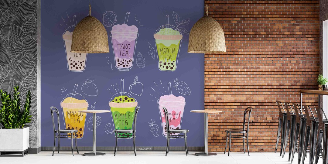 Bubble Tea Wallpaper, Purple Milk Tea Shop Wall Art, Removable Peel and ...