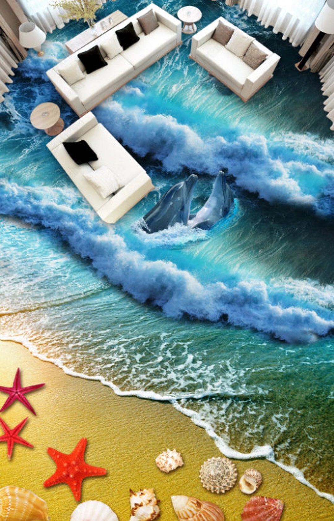 3D Sea Waves Beach Starfish, Vinyl Floor Mural, Self-adhesive Vinyl ...