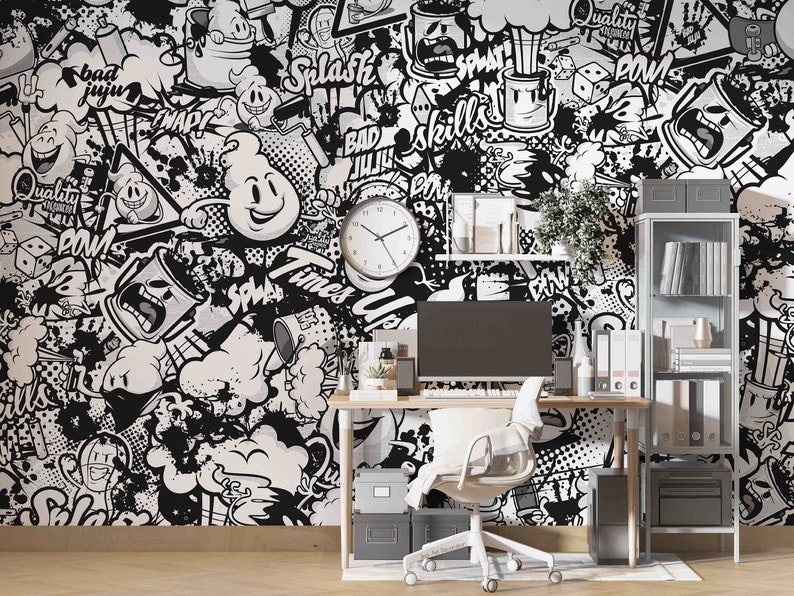 3D Graffiti Wallpaper, Black & White Cartoon Mural, Peel and Stick - Etsy