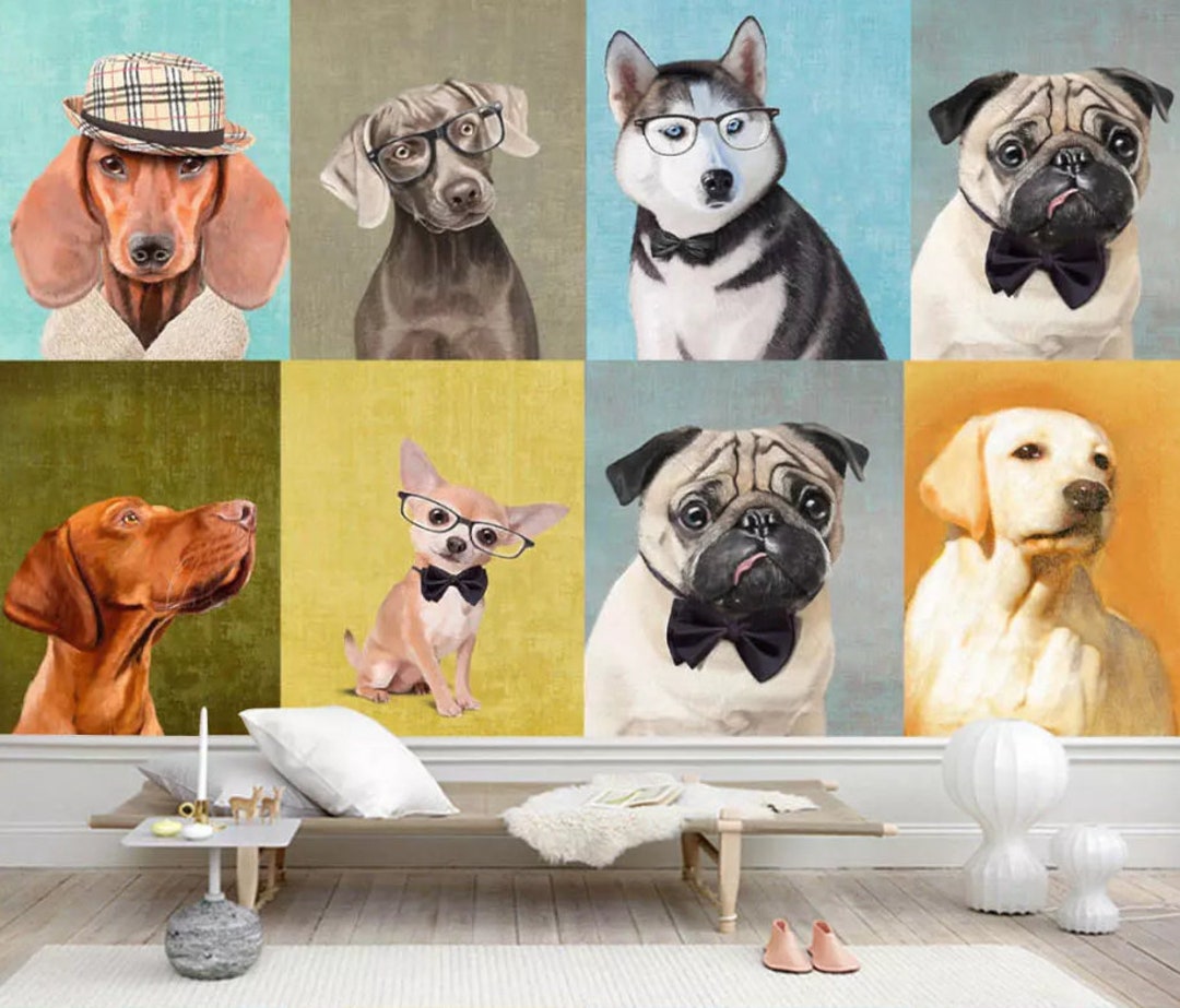 3D Dogs Wallpaper, Colorful Wall Mural, Animals Wall Decor, Cute Dogs ...