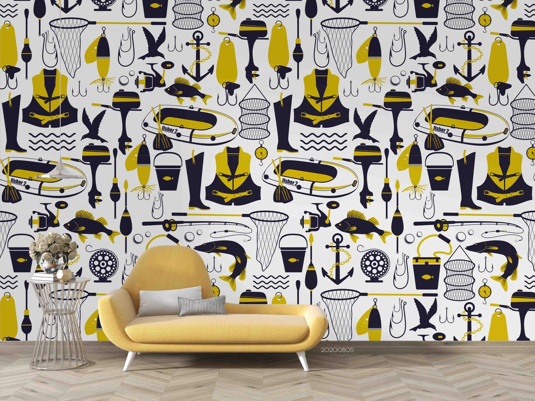 3D Hand Drawn Pattern Fishing Net Fish Rod Clothes Wallpaper Removable ...