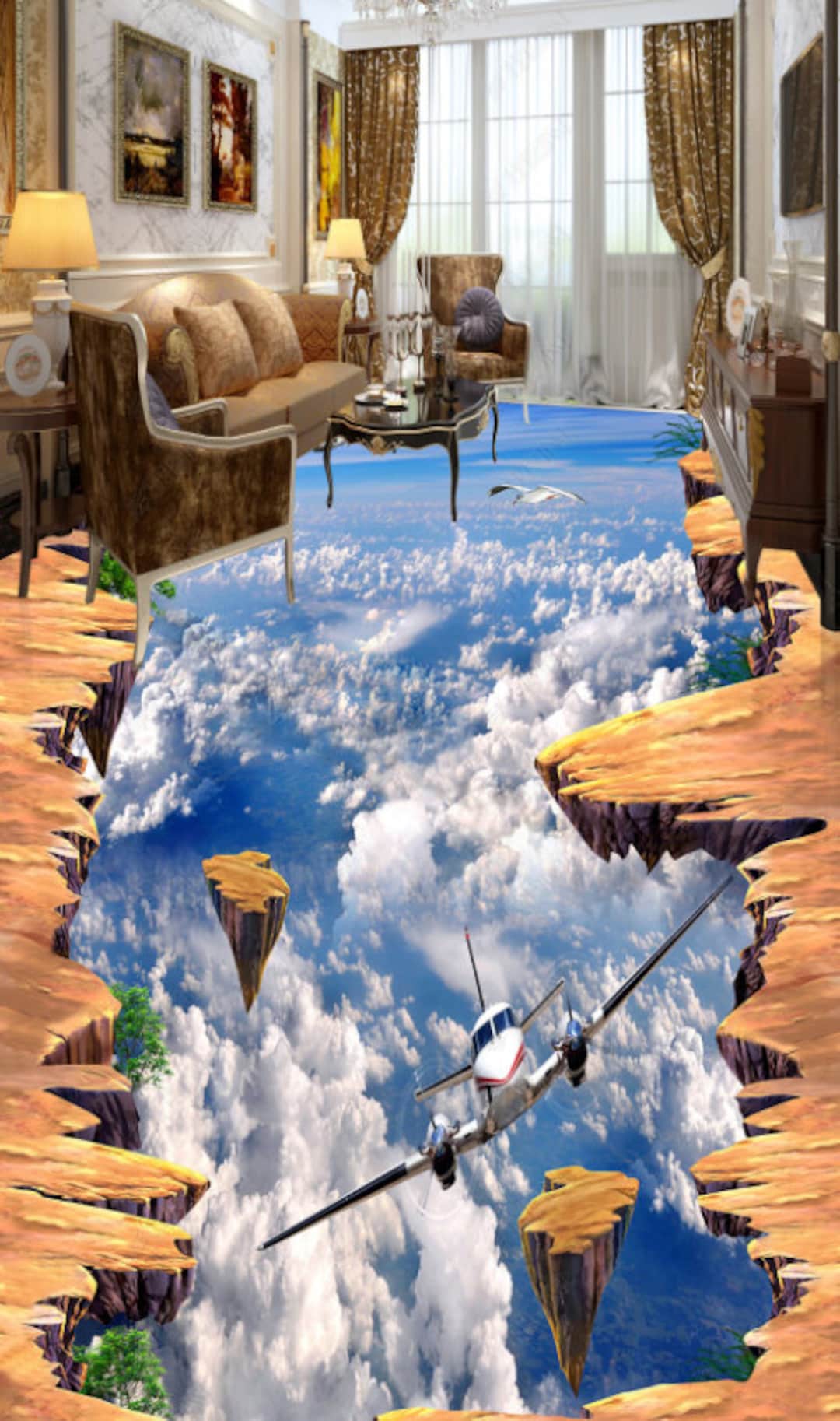 3D Airplane Cloud Cliff Pigeon, Vinyl Floor Mural, Self-adhesive Vinyl ...