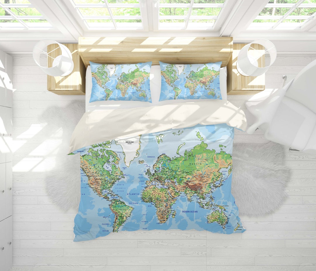 3D World Map Duvet Covers Set Details Quilt Cover Land - Etsy Australia