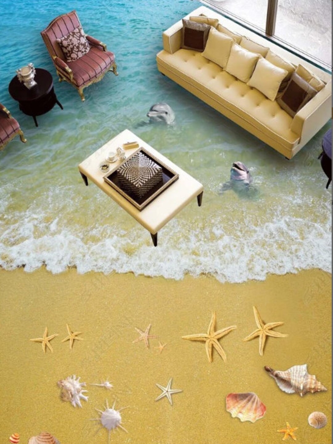 3D Beach Conch Dolphin Sea, Vinyl Floor Mural, Self-adhesive Vinyl ...
