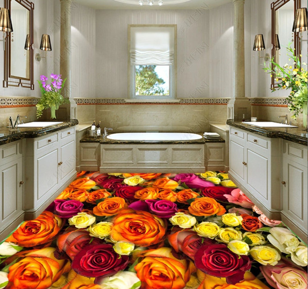 3D Colorful Rose Floral, Vinyl Floor Mural, Self-adhesive Vinyl, Floor ...